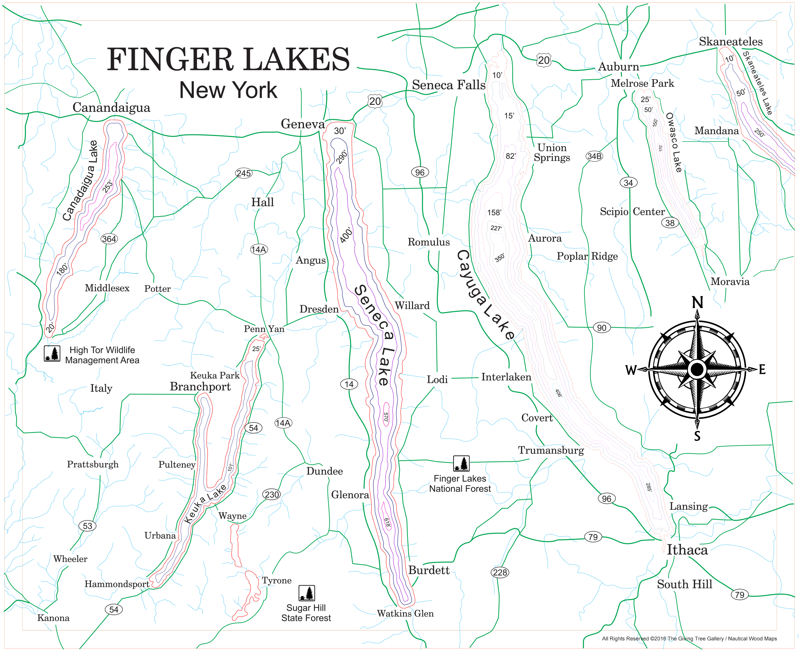 5 Finger Lakes Wooden Map Art | Topographic 3D Chart